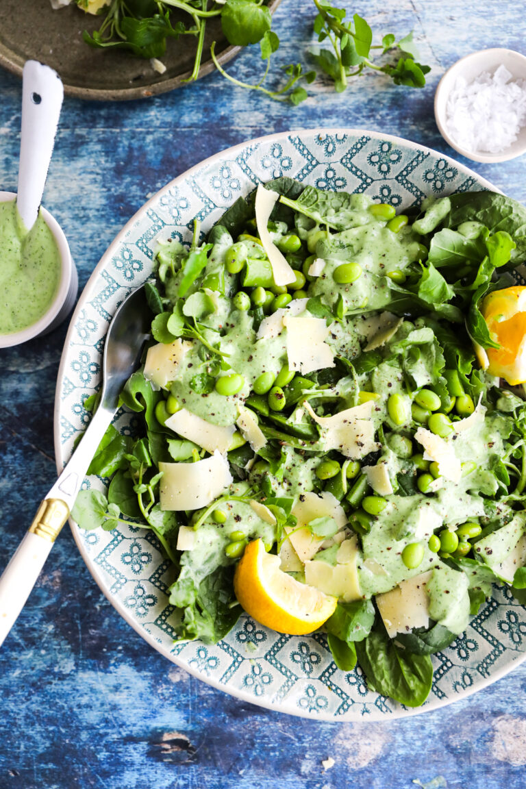 Edamame Salad with Parmesan and Creamy Herb Dressing - Just Easy Recipes