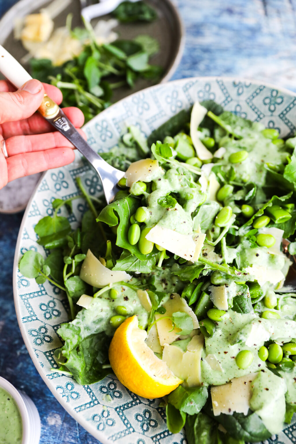 Edamame Salad with Parmesan and Creamy Herb Dressing - Just Easy Recipes